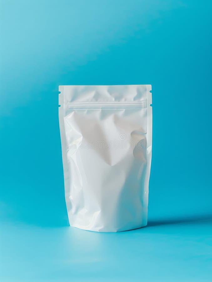 Empty White Pouch Bag Packaging Mockup Isolated on Blue Blackground ...