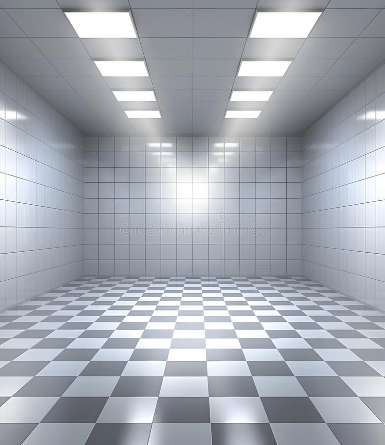 Empty White Room with Checkered Floor and Ceiling Lights Generated ...