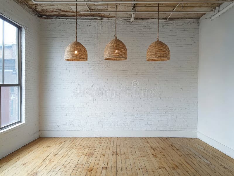 An Empty White Room with Clean Walls, Featuring Hanging Lights Creates ...