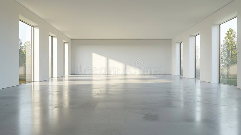 An Empty White Room with Large Windows and Reflective Marble Flooring ...