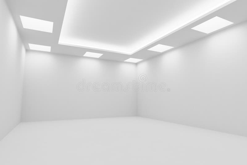 Empty White Room with Square Ceiling Lights Diagonal View Stock ...