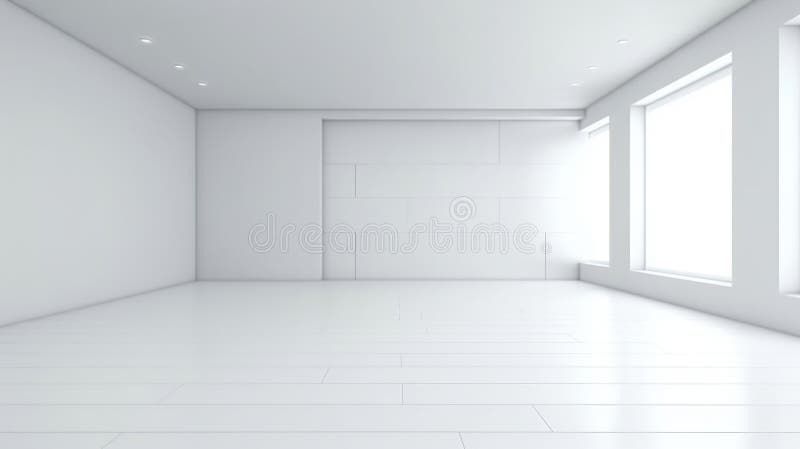 An Empty, White Room with Three Windows, a Door, and Recessed Lighting ...