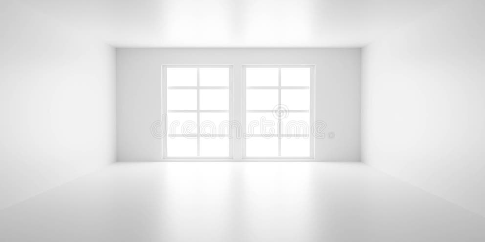 Empty White Room with Windows with Bright Day Lighting and Central ...