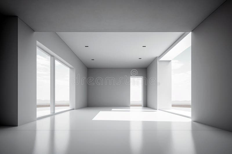 Empty White Room with Windows and White Floor, Modern Architectural ...