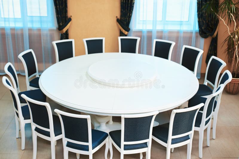 Empty White Round Conference Table and Chairs. Diplomatic Background ...