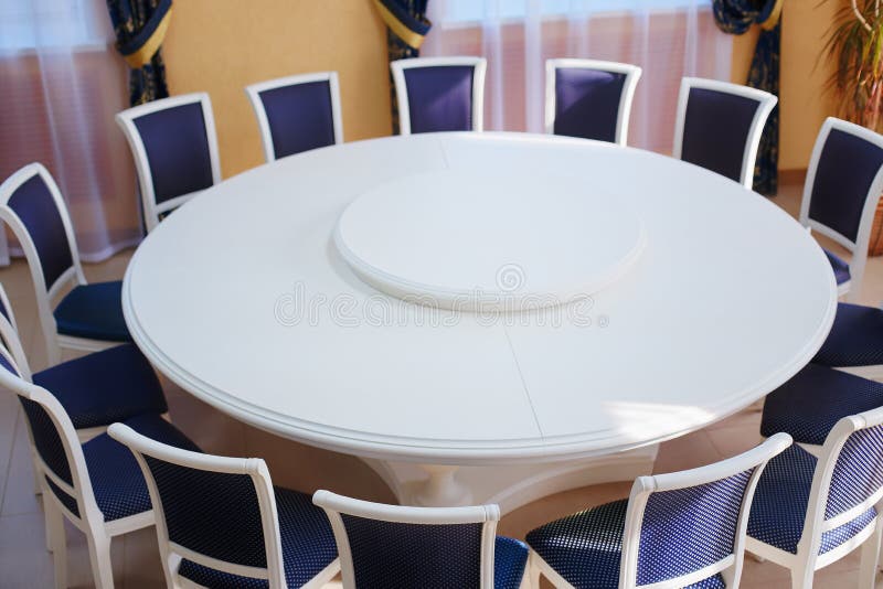 Empty White Round Conference Table and Chairs. Diplomatic Background ...