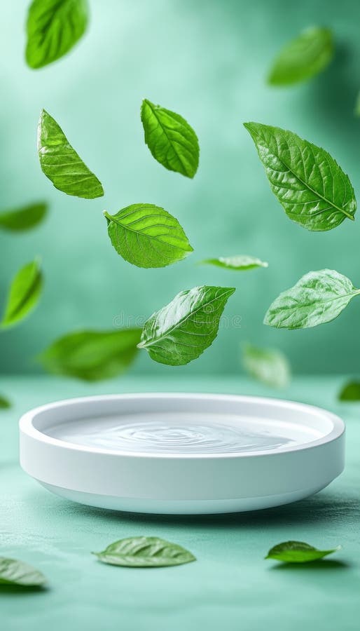 Empty White Round Podium Platform with Flying Fresh Green Basil Leaves ...
