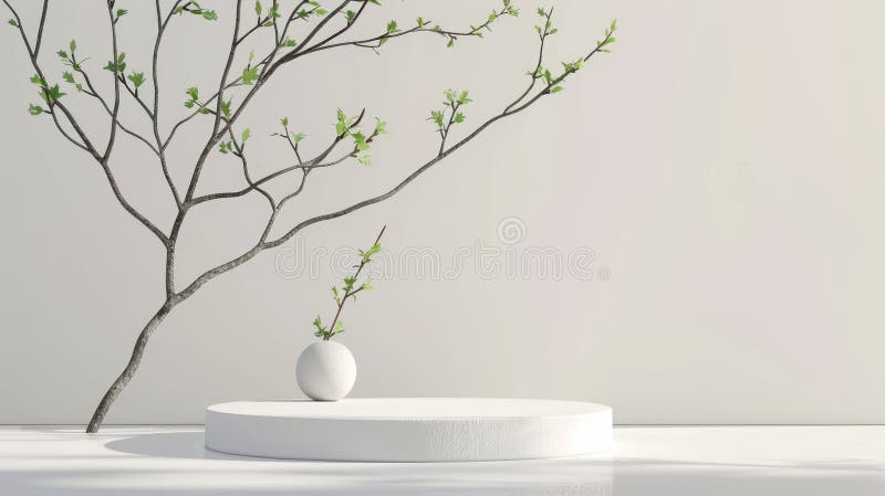 Empty White Round Podium Stage with Minimalistic Style Tree Branch ...