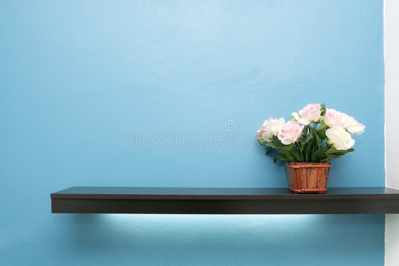 Empty White Shop Shelf, Retail Shelf with Flower Pot on Blue Background ...