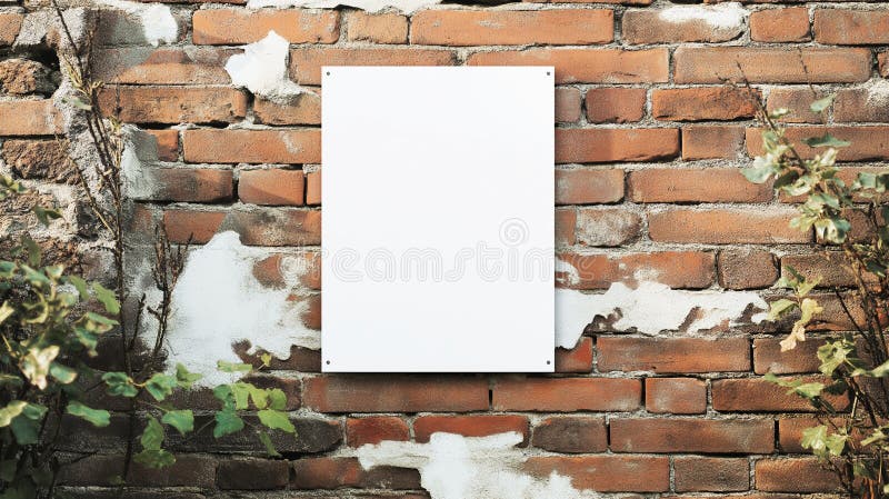 Empty White Sign on a Weathered Brick Wall with Peeling Paint ...