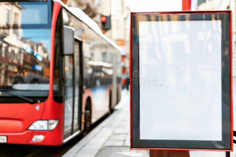 Empty White Signboard at a Busy Bus Stop with Blurred Street Background ...