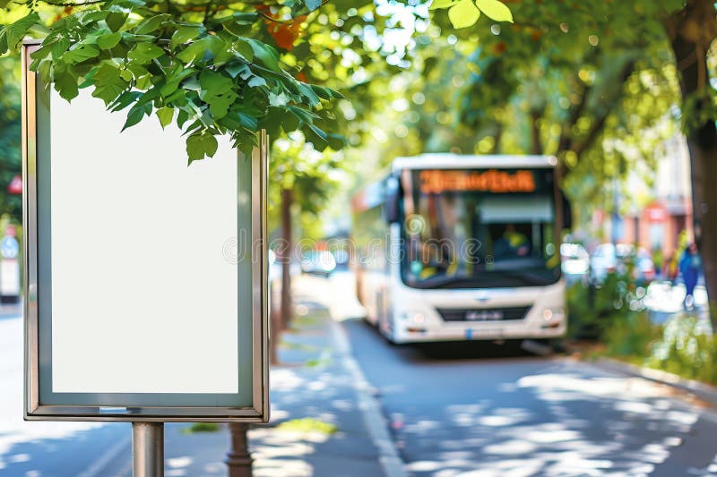Empty White Signboard at a Busy Bus Stop with Blurred Street Background ...