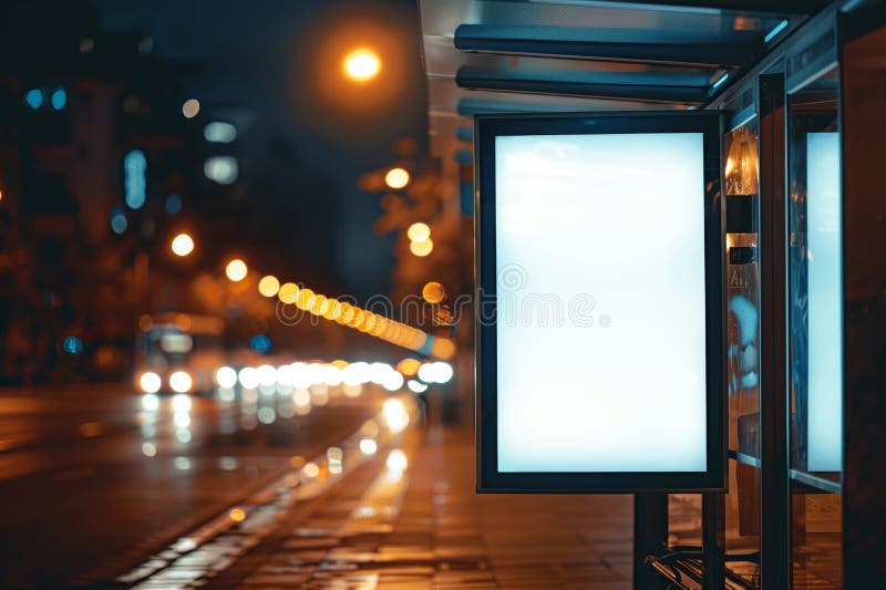 Empty White Signboard at a Busy Bus Stop with Blurred Street Background ...