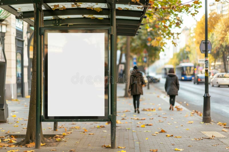 Empty White Signboard at a Busy Bus Stop with Blurred Street Background ...