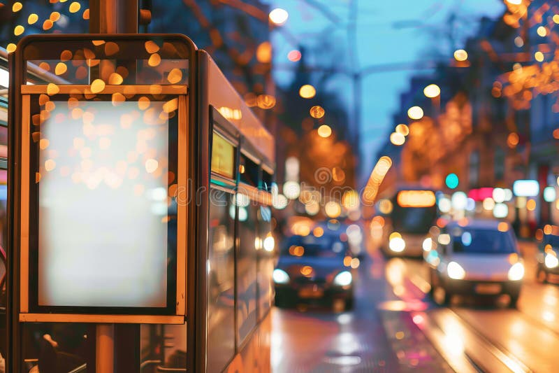 Empty White Signboard at a Busy Bus Stop with Blurred Street Background ...