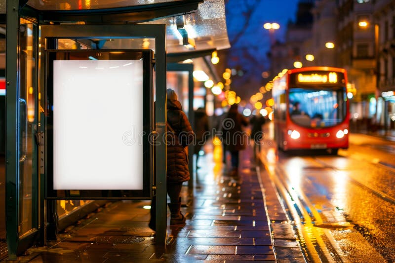 Empty White Signboard at a Busy Bus Stop with Blurred Street Background ...