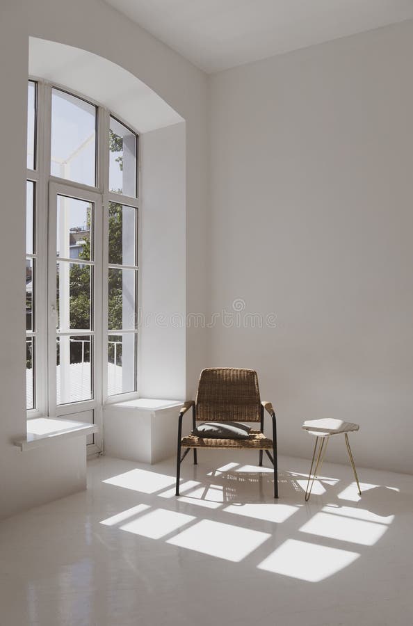 Empty White Sunny Room with Wicker Chair and Table. Minimalist Design ...