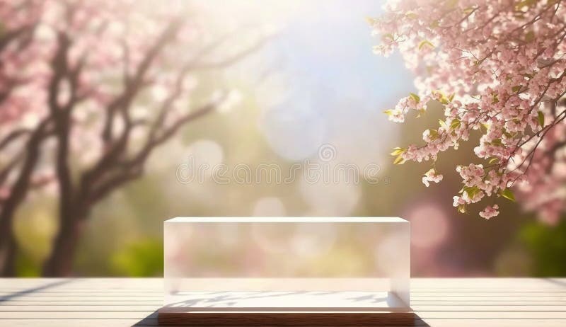 Empty White Surface with Blooming Pink Sakura Garden Bokeh Background ...