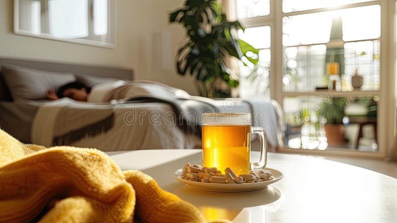 An Empty White Table Adorned with Vitamins and a Steaming Cup of Hot ...