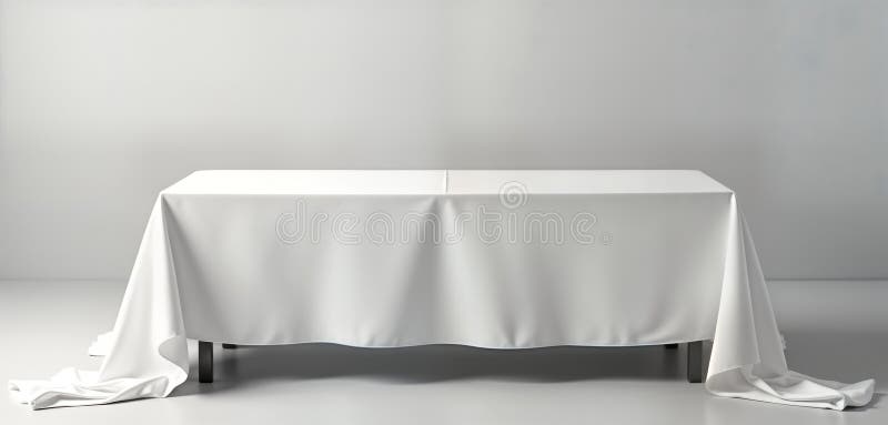 Empty White Tablecloth Drapes Over Black Rectangular Table. Blank Space Ideal for Product ...