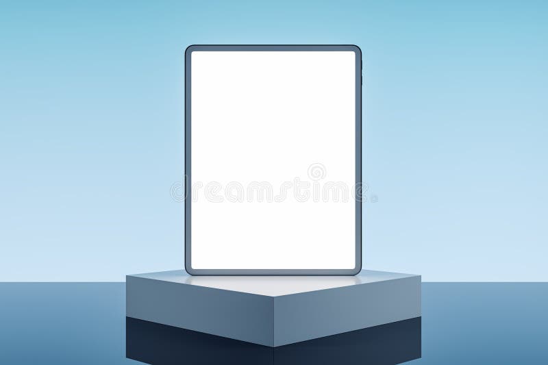 Empty White Tablet on Pedestal and Light Blue Background with Mock Up ...