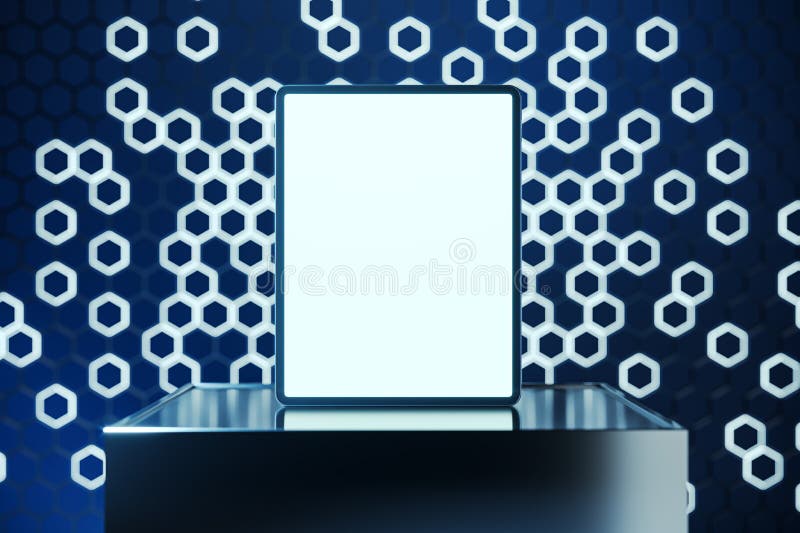 Empty Tablet Screen on Pedestal with Mock Up Place and Blue Hexagonal ...