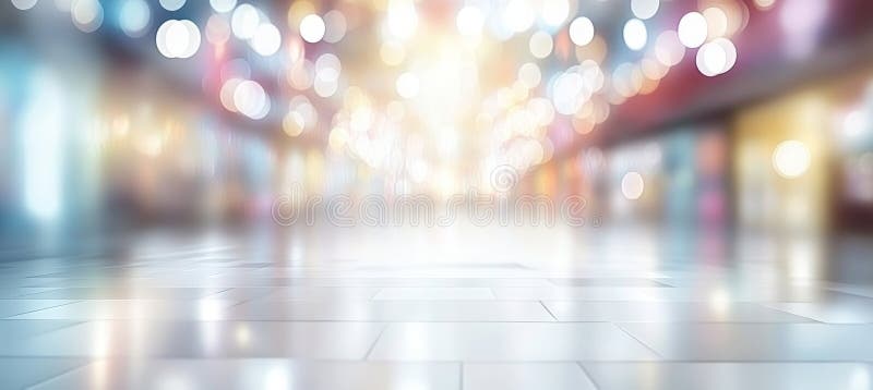 Empty White Tiled Floor Space with Blurry Abstract Bright Warm Shop ...