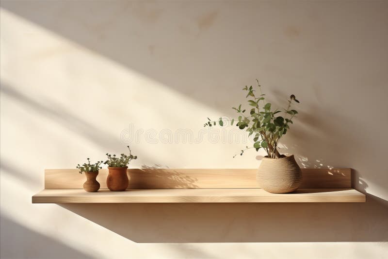Empty White Wall with Long Wooden Shelf and Beautiful Natural Shadow ...