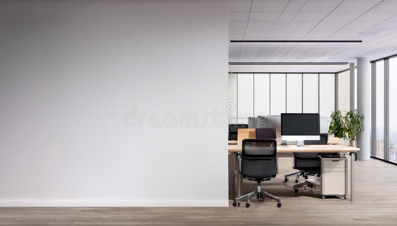 Empty White Wall Mockup Next To Modern Office Space with Desks and ...