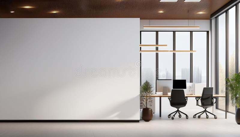 Empty White Wall Mockup Next To Modern Office Space with Desks and ...