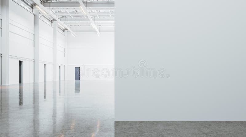Empty White Warehouse Interior with Doors and Blank Wall Stock ...
