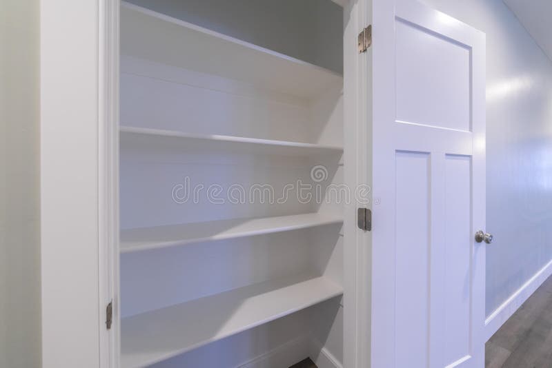 Empty White Wooden Shelves in a Cupboard Stock Image - Image of home ...