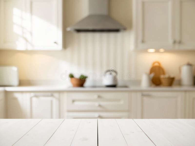 Wooden Tabletop in a Blurred Modern Kitchen Background Stock Photo ...