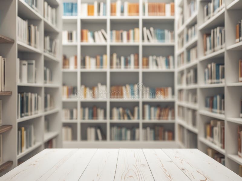 Empty White Wooden Tabletop Blurred Library Bookshelves Background ...