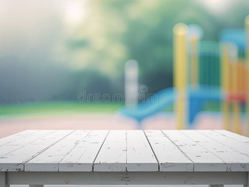 Empty White Wooden Tabletop on Blurred Playground Background. Stock ...