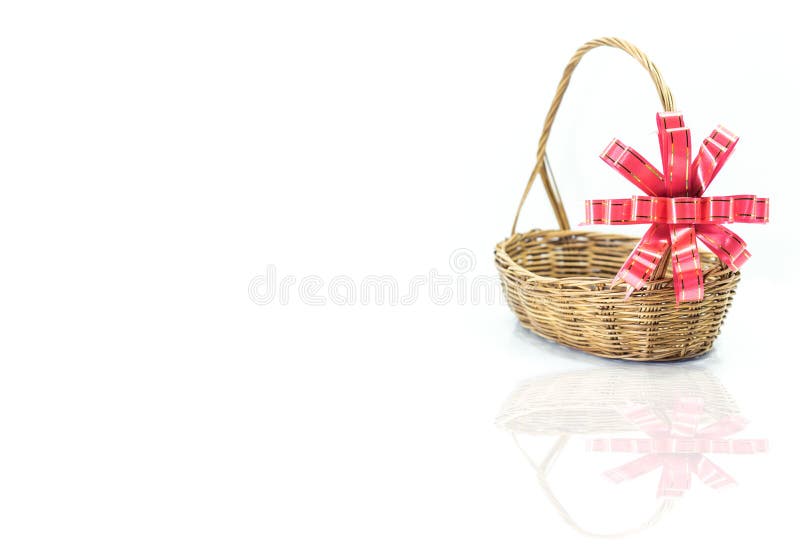 Empty Wicker Basket with Red and Gold Ribbon Isolated on White B Stock ...
