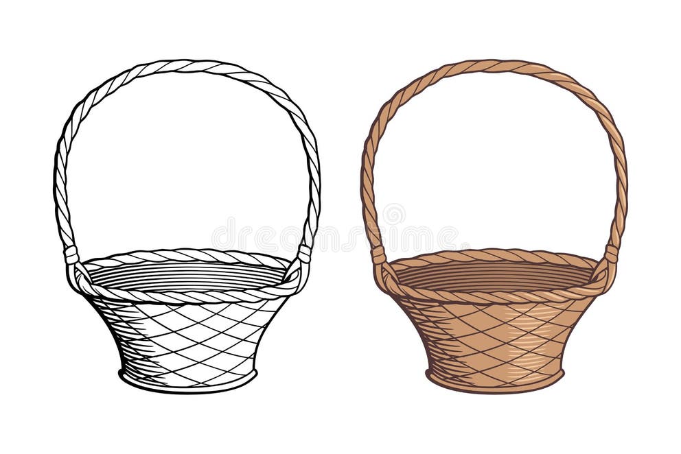 Empty Wicker Basket. Outline and Colored Version Stock Vector ...