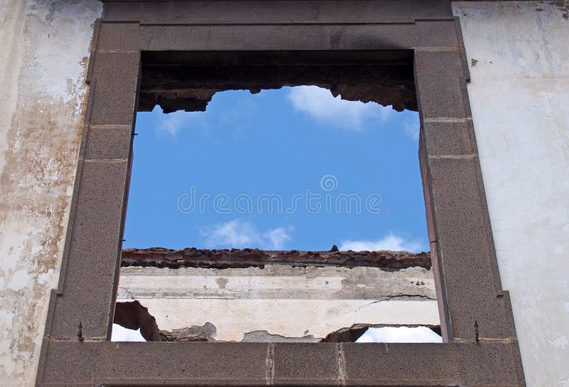 Empty Window Frame in a Roofless Abandoned House with White Interior ...