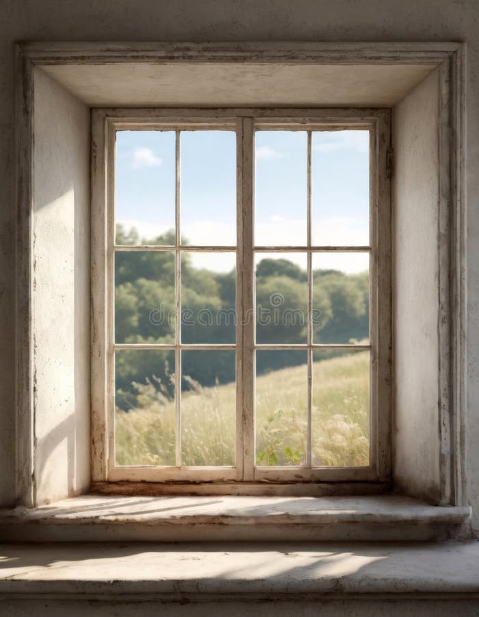 Empty Windowsill and Old Window Illuminated by Sunlight Stock ...