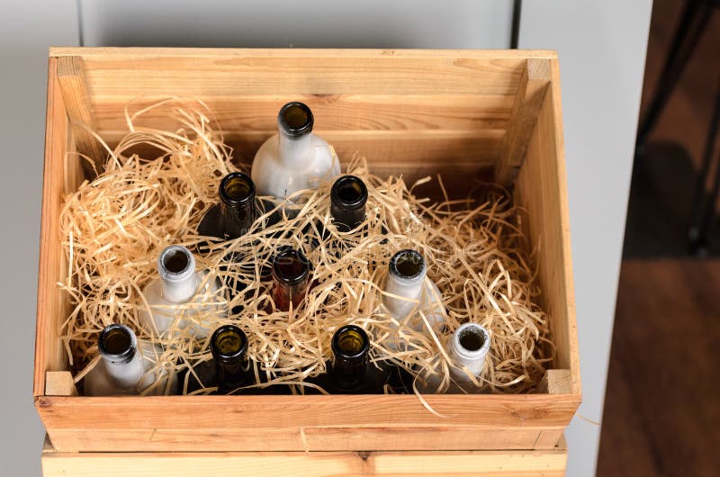Empty Wine Bottles in a Wooden Box Stock Image - Image of brown, beer ...