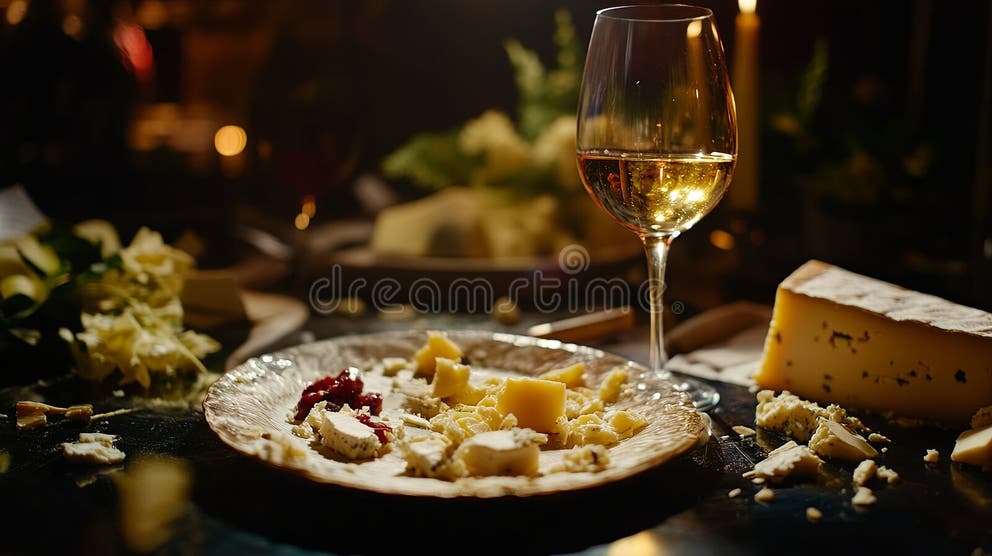 Empty Wine Glass beside Half-eaten Cheese Platter. Stock Photo - Image ...