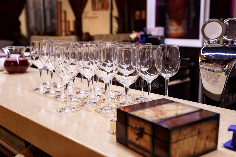 Large Empty Glass Wine Glasses on Table in Restaurant Stock Photo ...