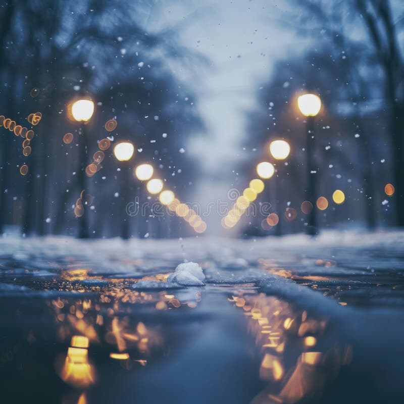 Empty Winter Street Scene with Gently Falling Snow, Illuminated by ...