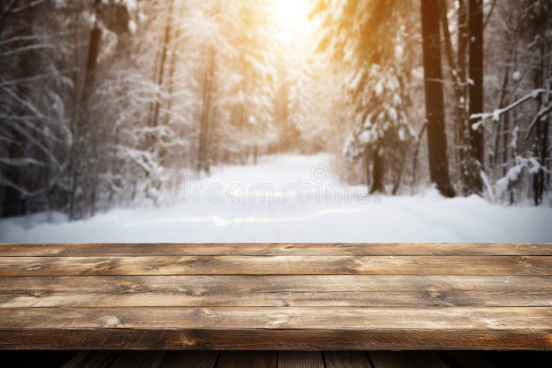 Empty Winter Wood Plank Board Table with Snowfall Stock Illustration ...