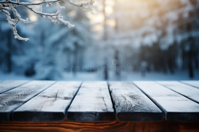 Empty Winter Wood Plank Board Table with Snowfall Stock Illustration ...