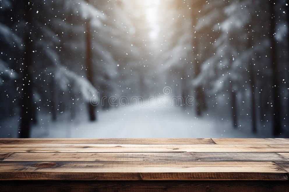 Empty Winter Wood Plank Board Table with Snowfall Stock Illustration ...