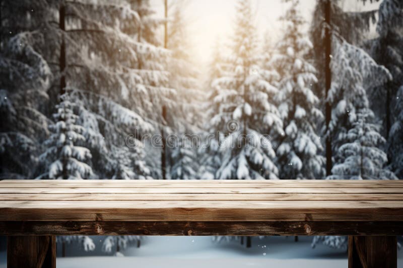 Empty Winter Wood Plank Board Table with Snowfall Stock Illustration ...
