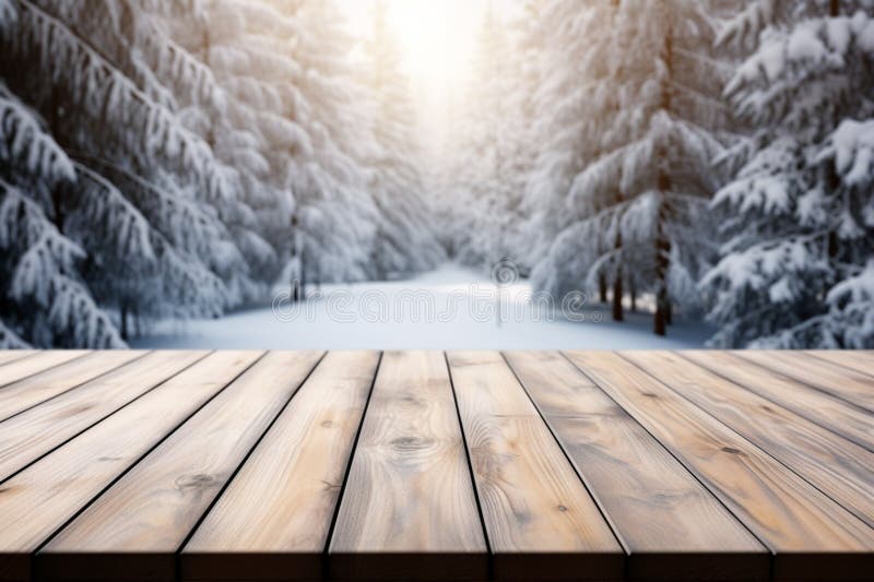 Empty Winter Wood Plank Board Table with Snowfall Stock Illustration ...