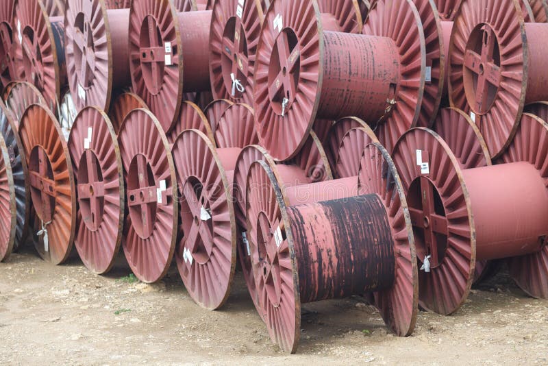 Empty wire reels stacked. stock photo. Image of cabling - 95076452