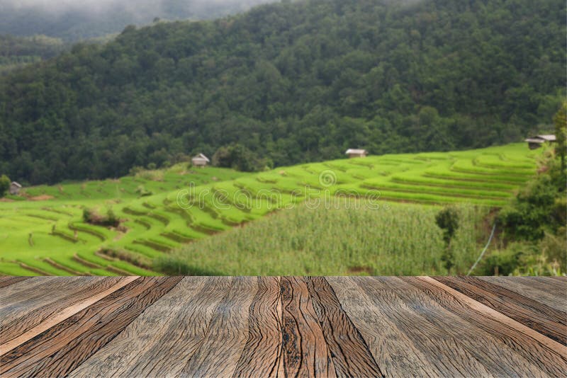 Empty Wood Table and Blurred Rice Field and Mountain Landscape at ...